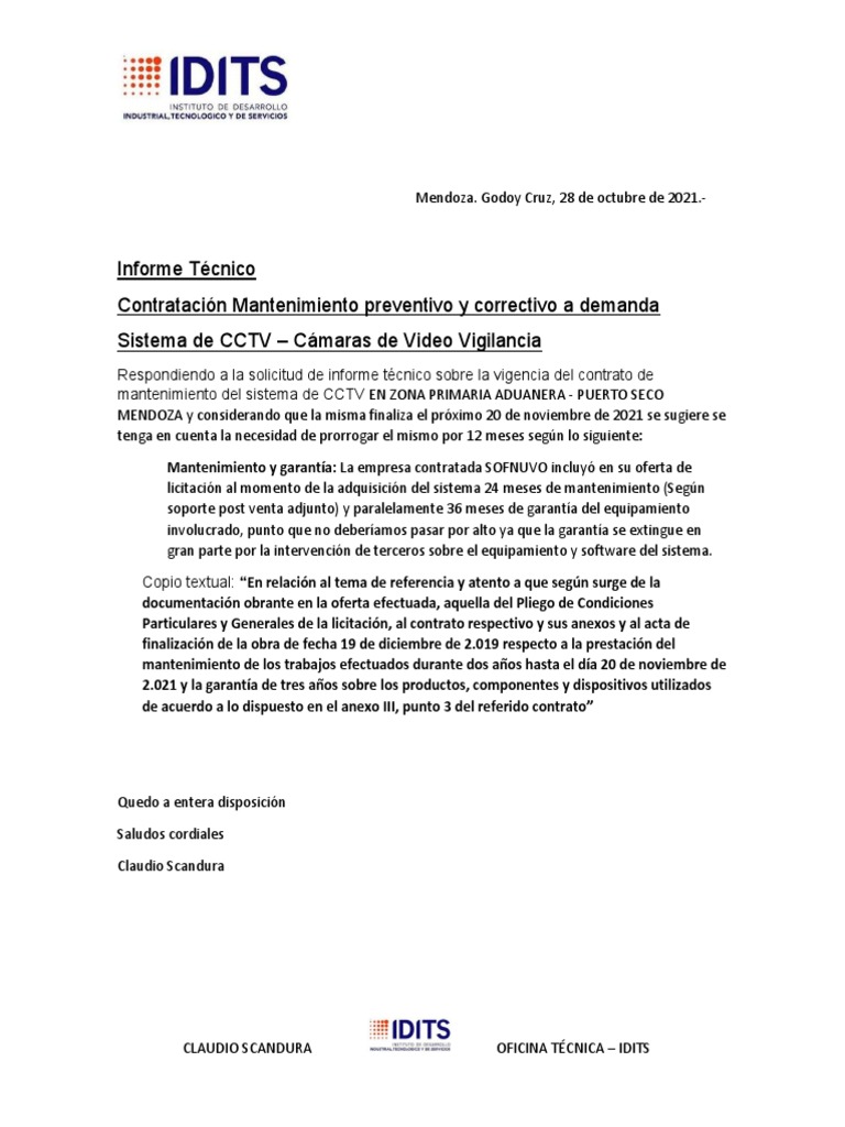 Informe T Cnico Vigencia de Contrato CCTV 10-2021 | PDF