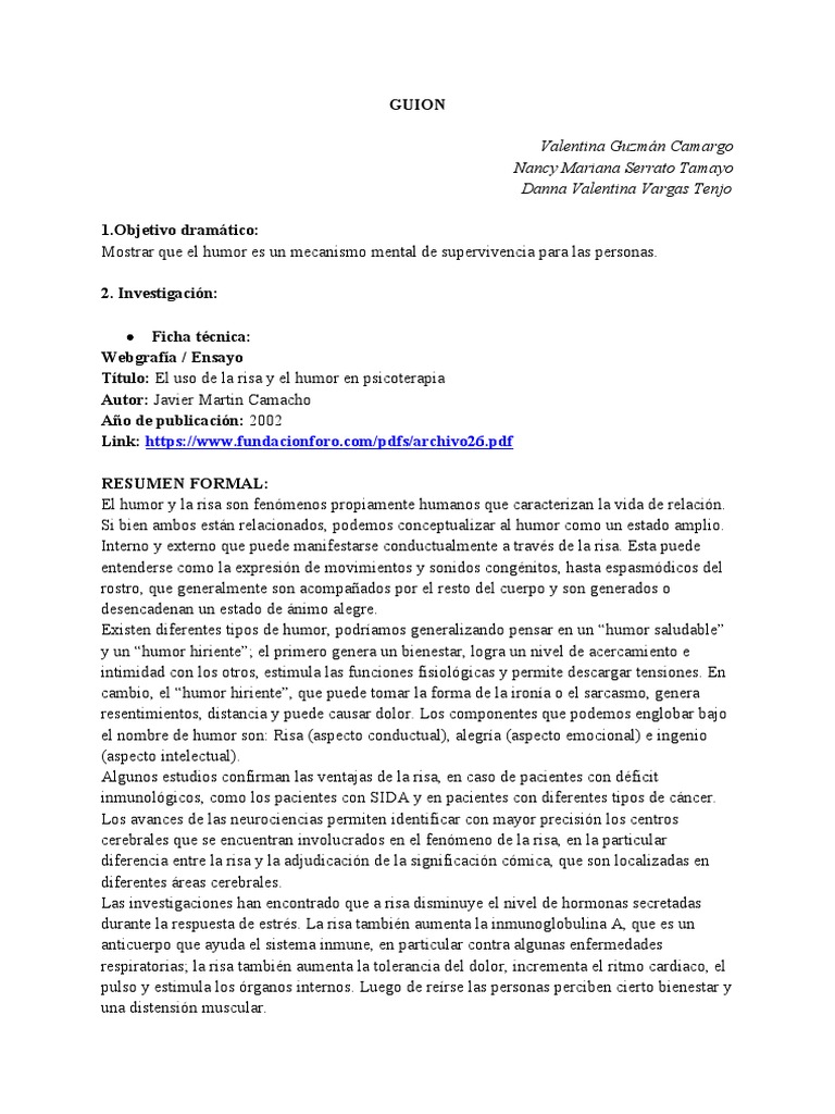 Guion: Valentina Guzmán Camargo Nancy Mariana Serrato Tamayo Danna Valentina Vargas Tenjo | PDF ...