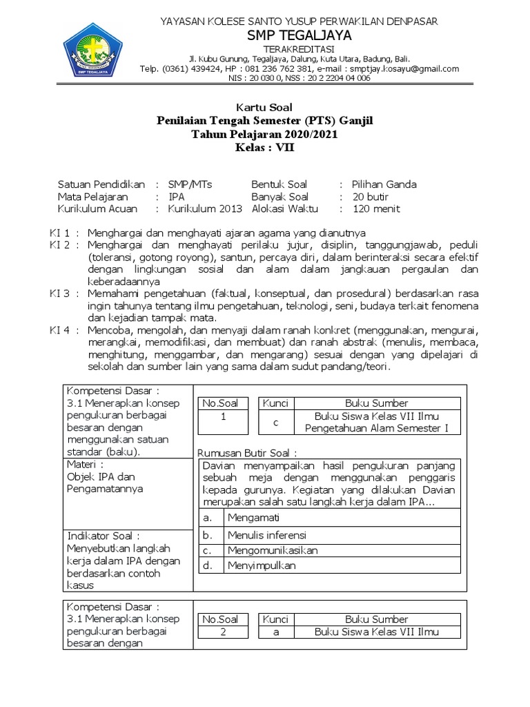 Kartu Soal PTS IPA Ganjil | PDF
