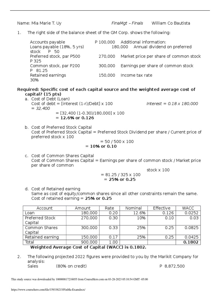 FinMa Exam | PDF | Net Present Value | Loans