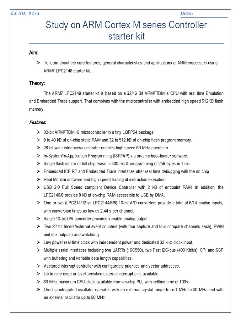 EXP NO 01 A Study On ARM Cortex M Series Controller Starter Kit | PDF | Usb | Microcontroller