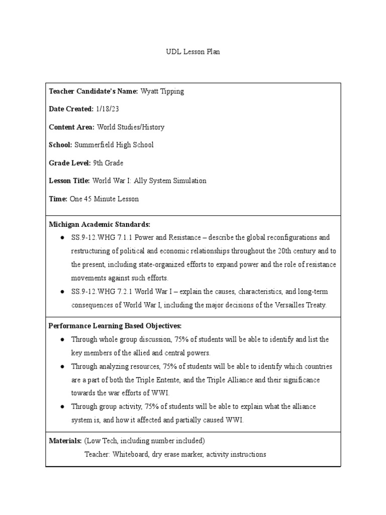 WWI Ally System Lesson Plan | PDF | Teachers | Cognitive Science