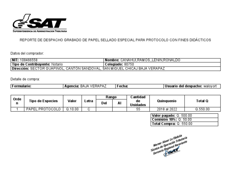 Reporte de Despacho Grabado de Papel Sellado Especial para Protocolo Con Fines Didácticos Datos ...
