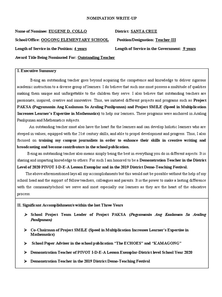 Outstanding Teacher Nomination for Eugene D. Collo | PDF | Learning ...