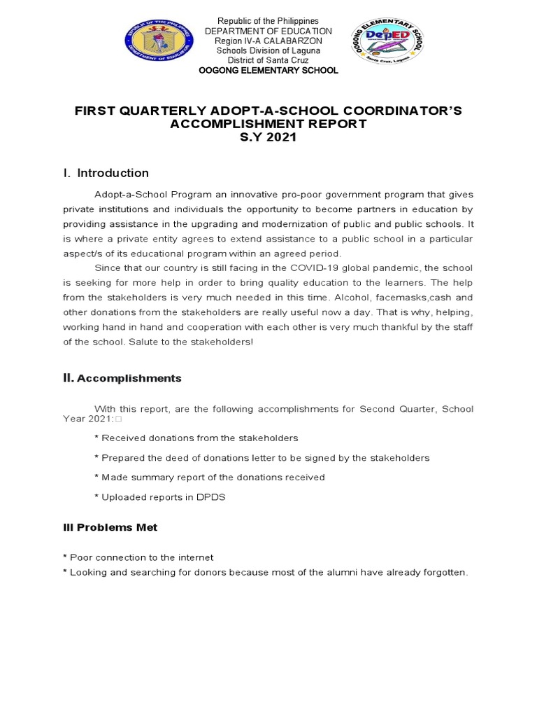 Accomplishment Report in Adopt A School 2021 | PDF | Schools | Non ...