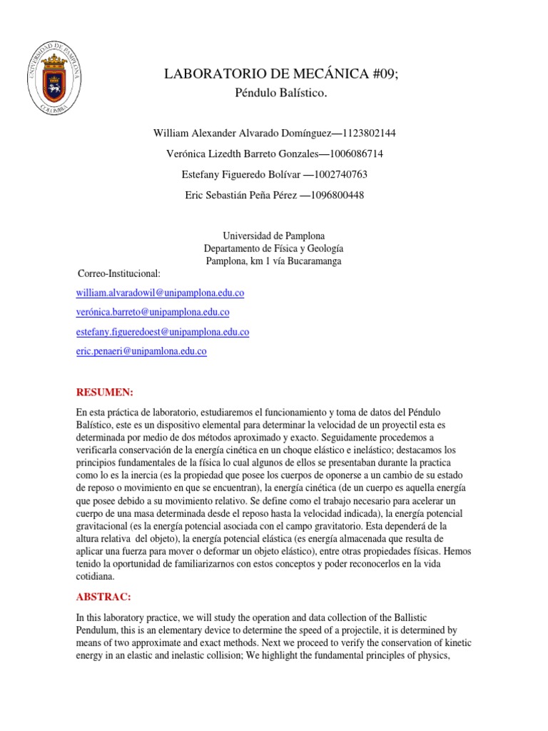 Informe Laboratorio #09 Pendulo Balistico | PDF | Impulso | Energía ...