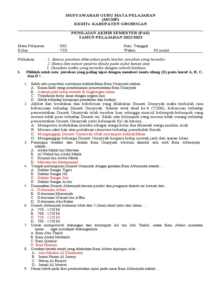 Soal MGMP Ski Kab Kelas 8 | PDF