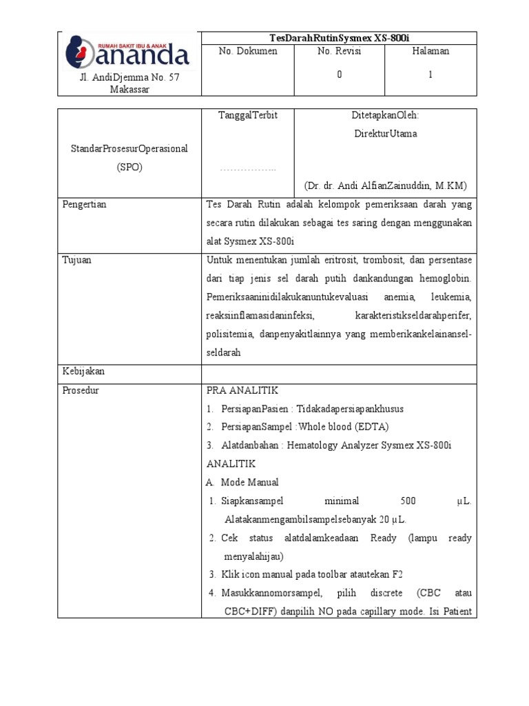 Darah Rutin Sysmex XS-800i | PDF