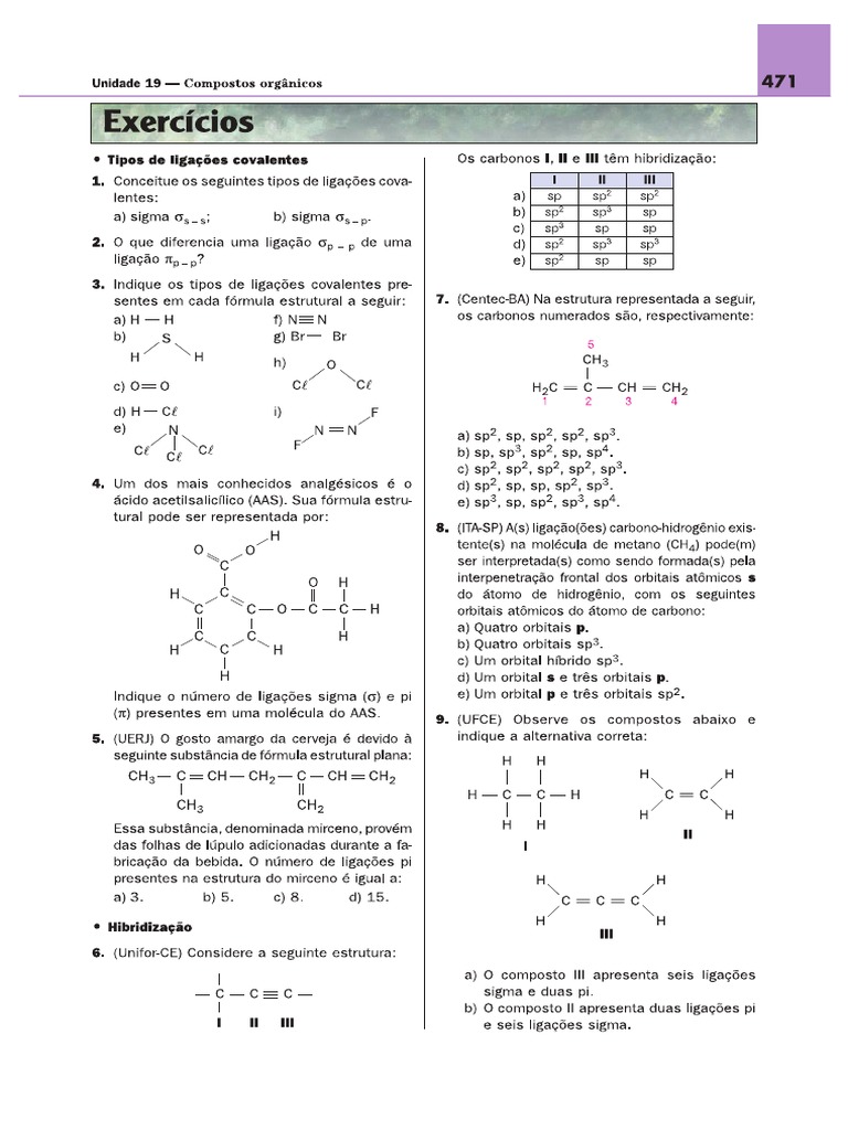 Exercícios Ligações Sigma, Pi e Hibridização | PDF