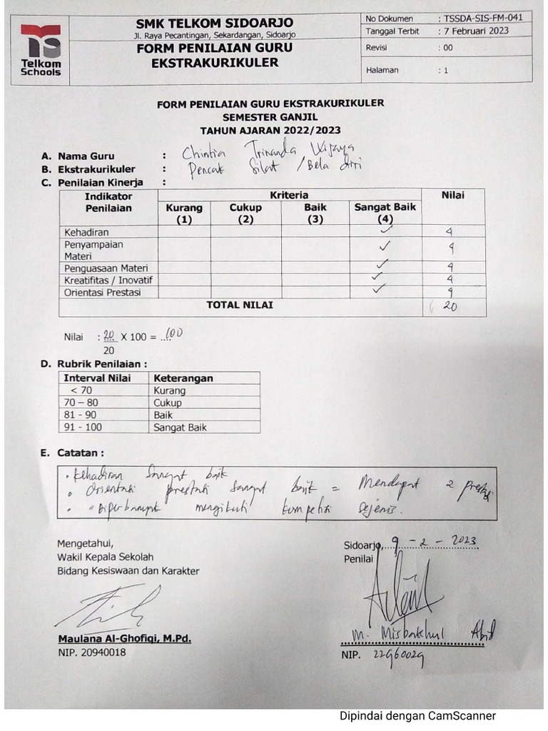 Form Penilaian Kinerja Guru Ekstra Silat | PDF