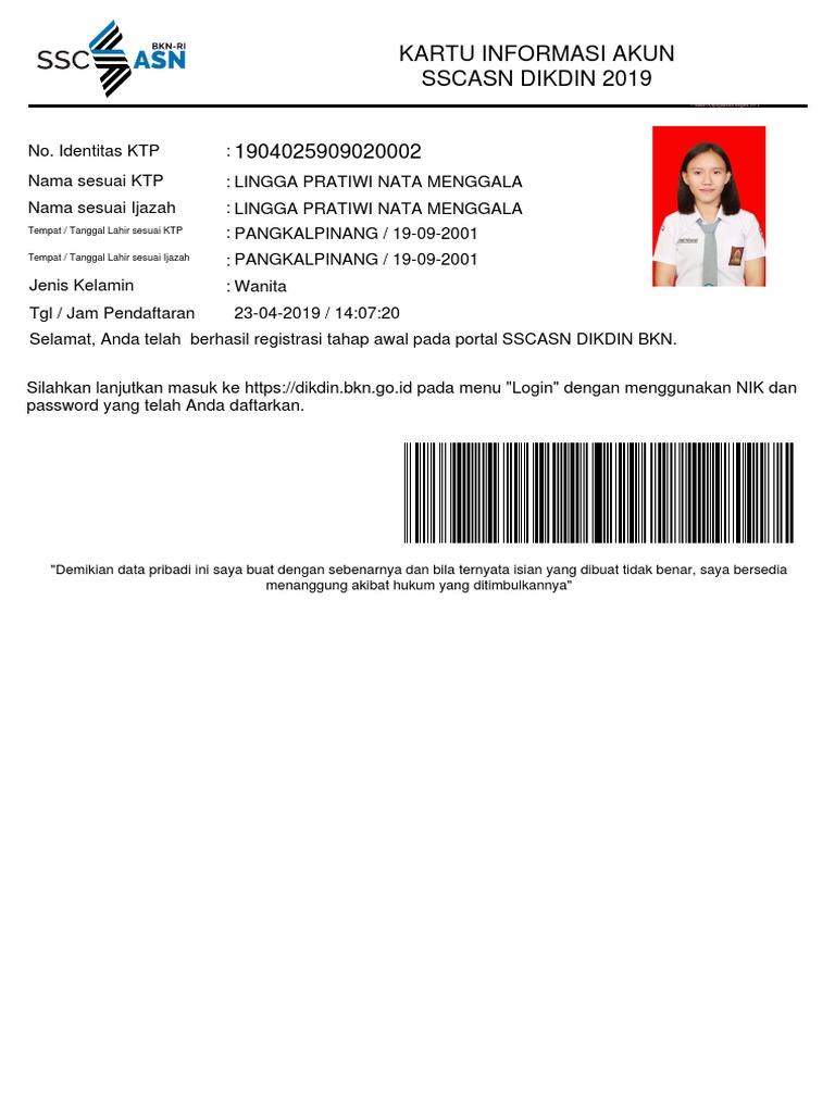 Kartu Informasi Akun Sscasn Dikdin 2019 | PDF