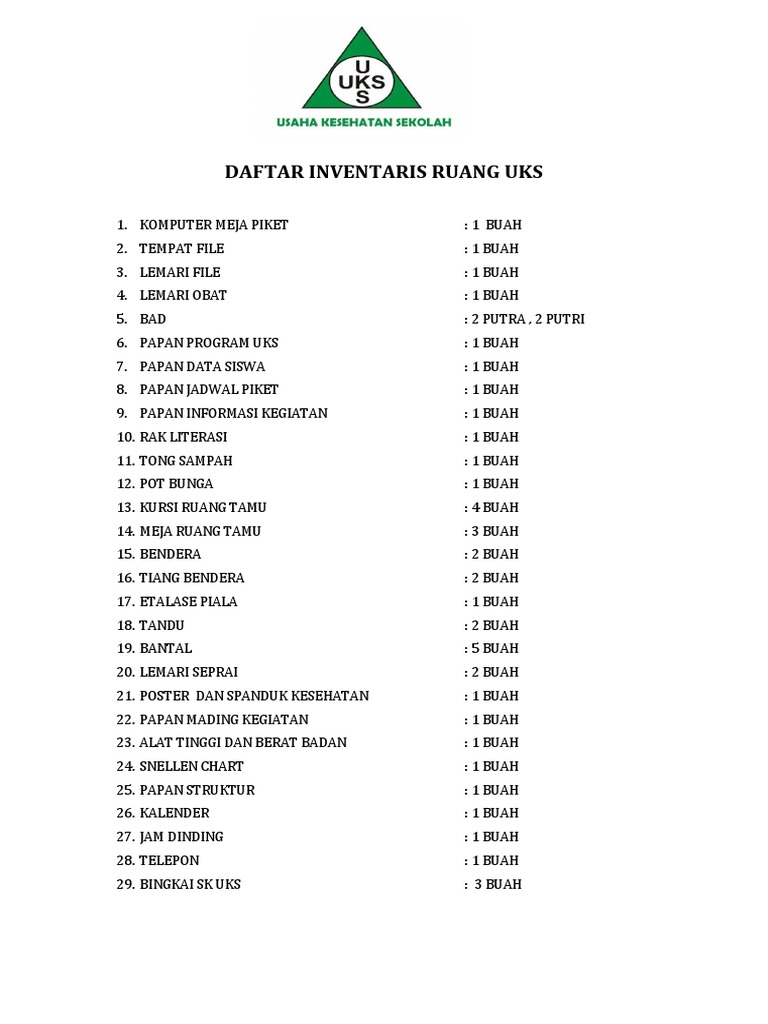 DAFTAR INVENTARIS RUANG UKS 2021 | PDF