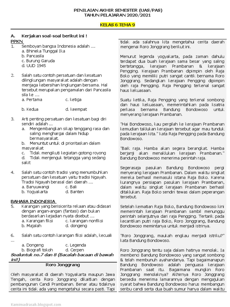 Soal PAS Kelas 6 Tema 9 - KAMIMADRASAH | PDF