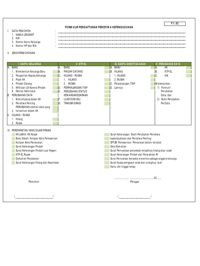 F-1.02 - Formulir Pendaftaran Peristiwa Kependudukan | PDF