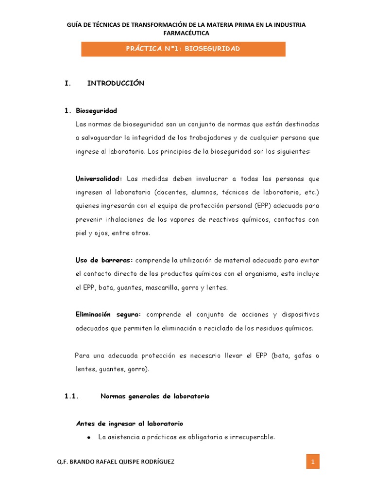 Práctica N°1. Bioseguridad y formas farmacéuticas | PDF | Laboratorios