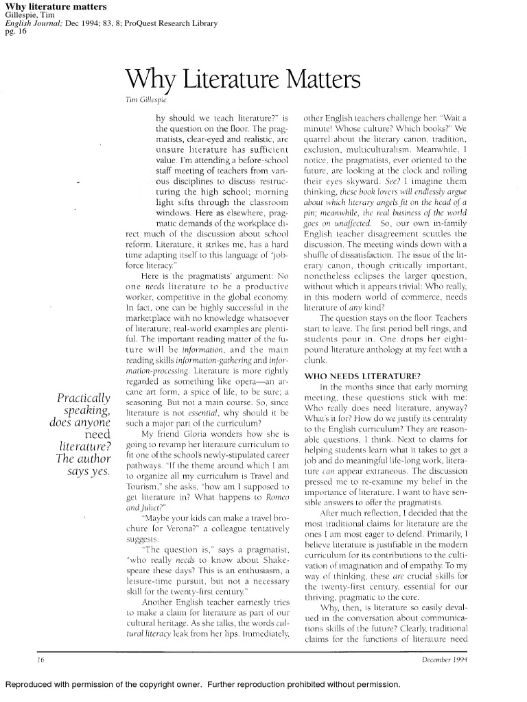 Why Literature Matters - Gillespie | PDF