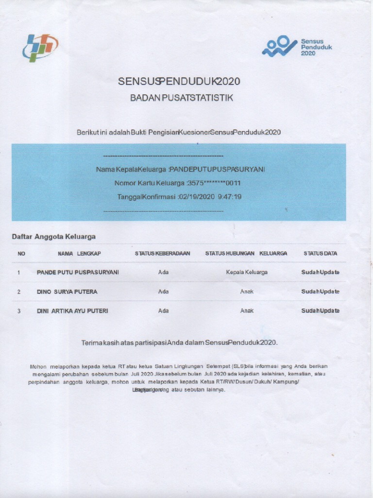 Bukti Pengisian Sensus Penduduk 2020 | PDF Bukti Pengisian Sensus Penduduk 2020 | PDF