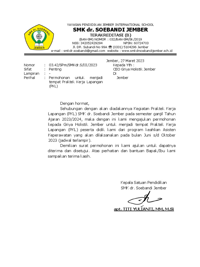 Contoh Surat Permohonan PKL Ak | PDF