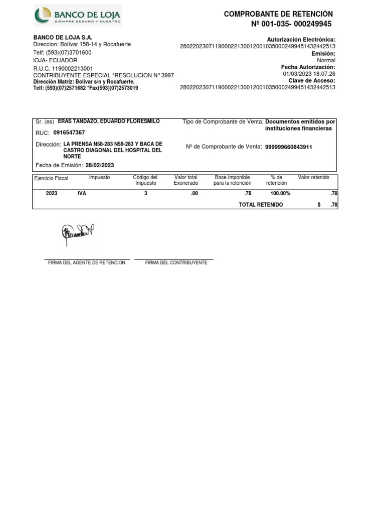 Banco de Loja S.A. Autorización Electrónica: Emisión: Fecha ...