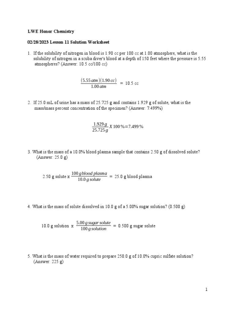 Solution Worksheet KEY | PDF | Mole (Unit) | Solubility