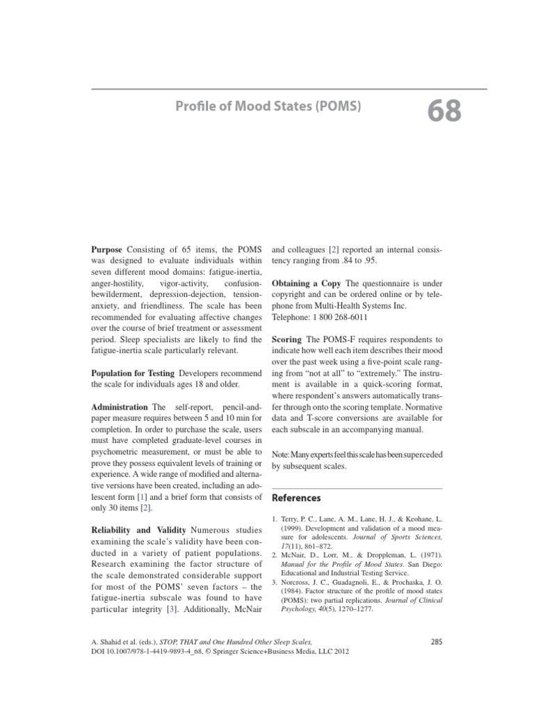 Profi Le of Mood States (POMS) : Obtaining A Copy The Questionnaire Is ...
