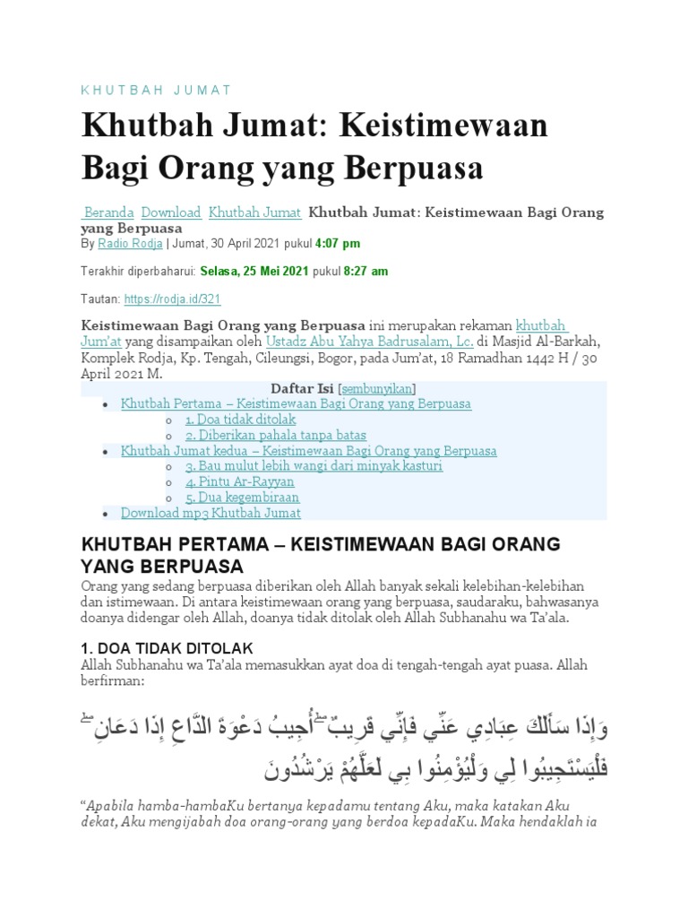 Khutbah Jumat Keistimewaan Berpuasa | PDF Khutbah Jumat Keistimewaan Berpuasa | PDF