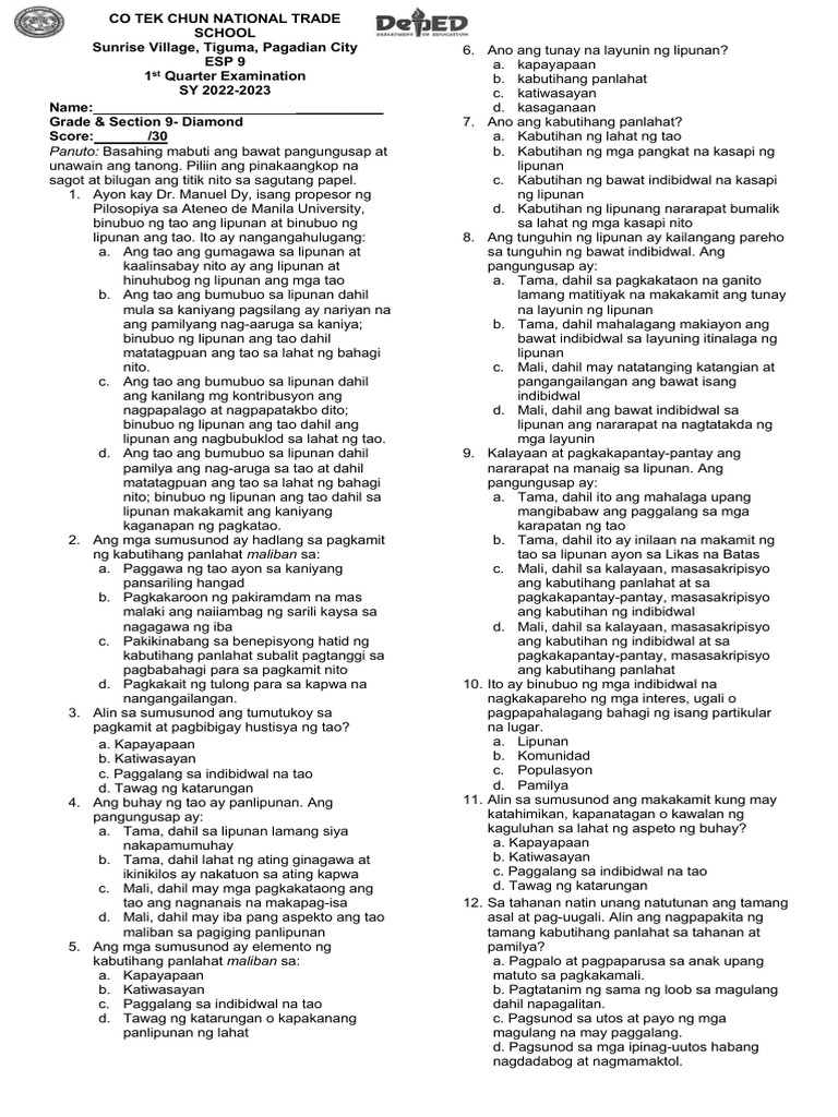 Esp 9 - 1ST QUARTER EXAM | PDF