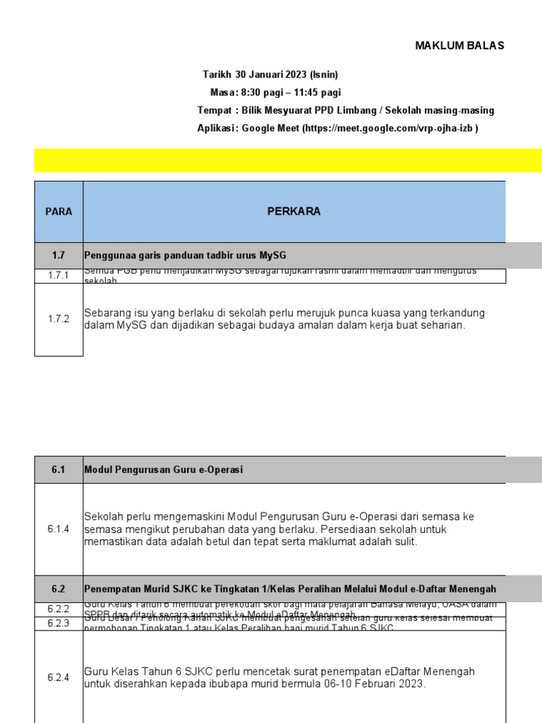 Maklum Balas Minit Mesyuarat Staf PPD Limbang Bil.1 - 2023 | PDF