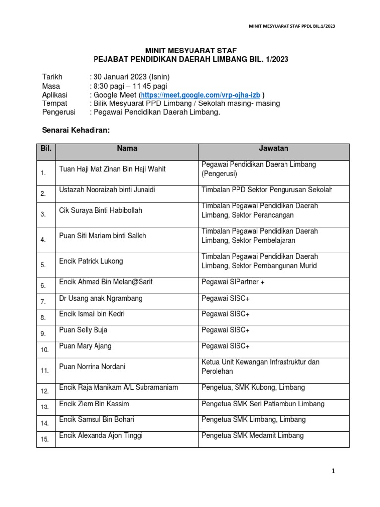 Minit Mesyuarat Staf Bil 1 2023 | PDF