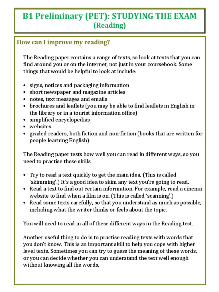 B1PET Studying The Exam Reading | PDF