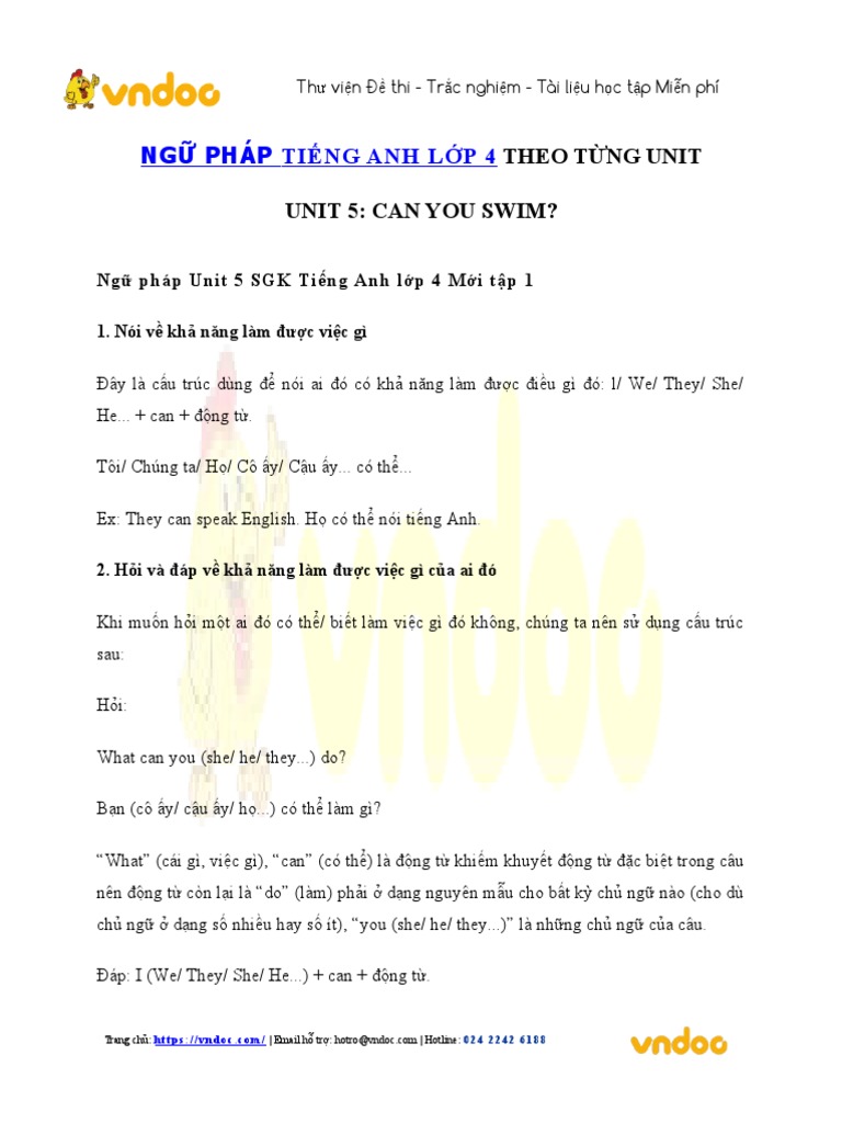 Ngữ Pháp Tiếng Anh Lớp 4: Theo Từng Unit Unit 5: Can You Swim? | PDF