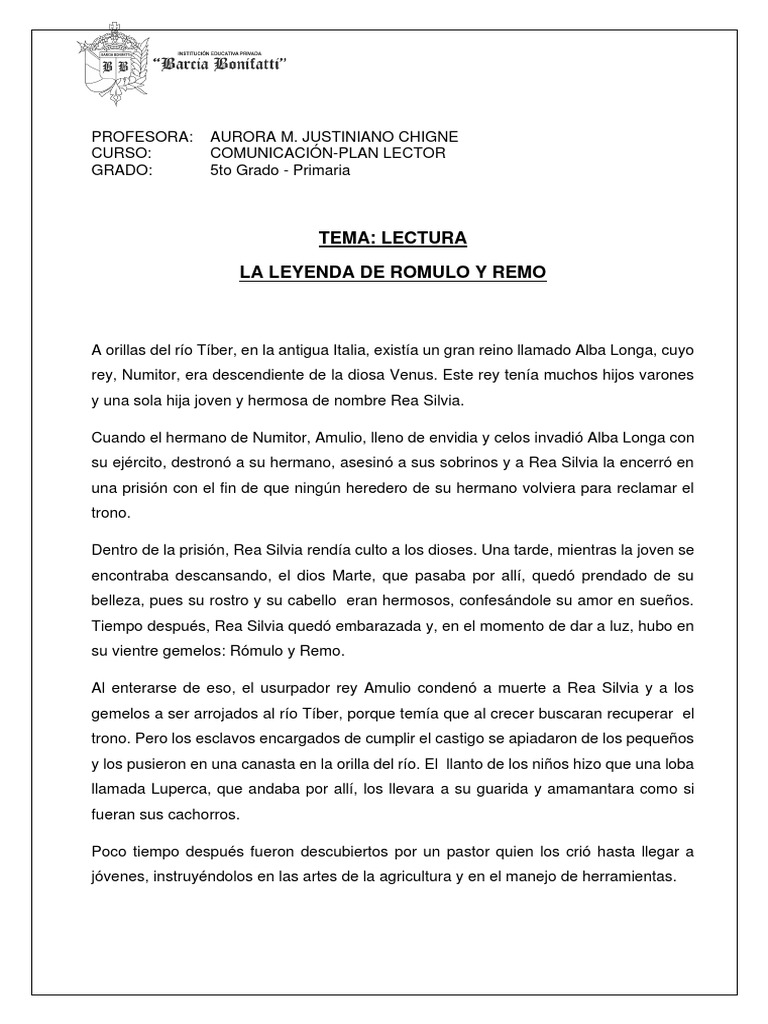 5TO-COM-CL LECTURA LA LEYENDA DE ROMULO Y REMO | PDF | Romulus y Remus | Mitología romana