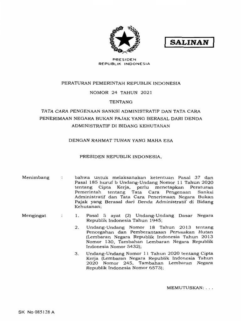 PP 24 Tahun 2021 ttg Tata Cara Sanksi Admn dan PNBP dr denda admn bid kehutanan | PDF