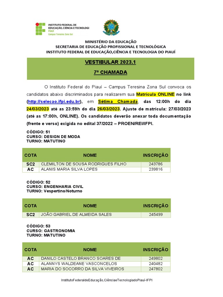 7 Chamada - Vestibular 2023 - Teresina Zona Sul | Download grátis PDF | Brasil