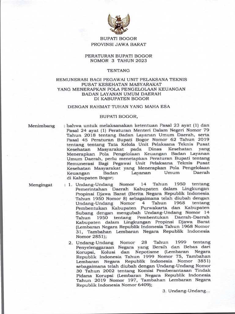 Perbup No.3 Tahun 2023 Tentang Remunerasi BLUD Puskesmas - DL | PDF