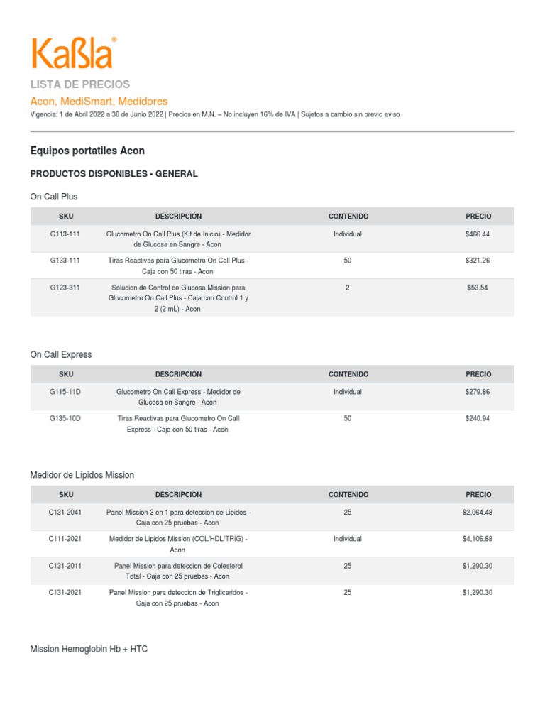 Acon Medismart Medidores Precio Lista | PDF | Trastornos del páncreas ...