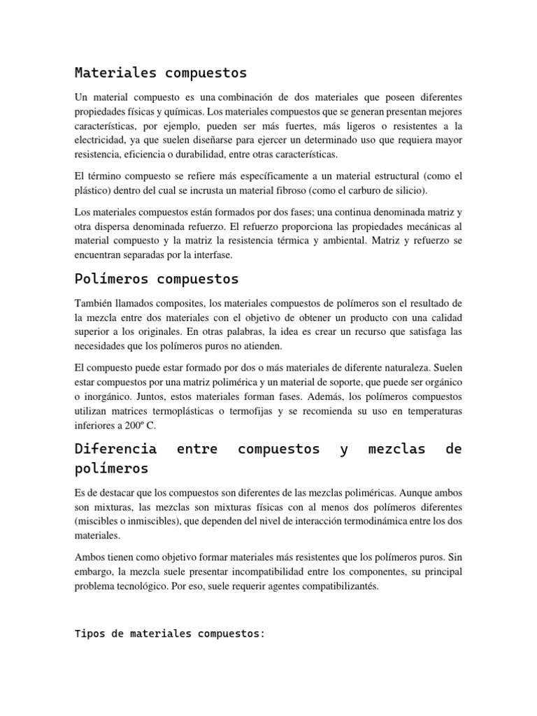 Tipos de Materiales Compuestos | PDF | Material compuesto | Polímeros