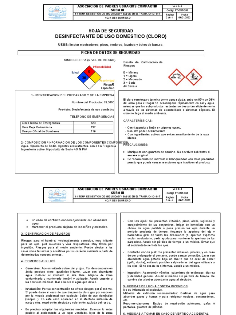 3 1 Hoja De Seguridad Cloro Liquido Pdf Agua Cloro