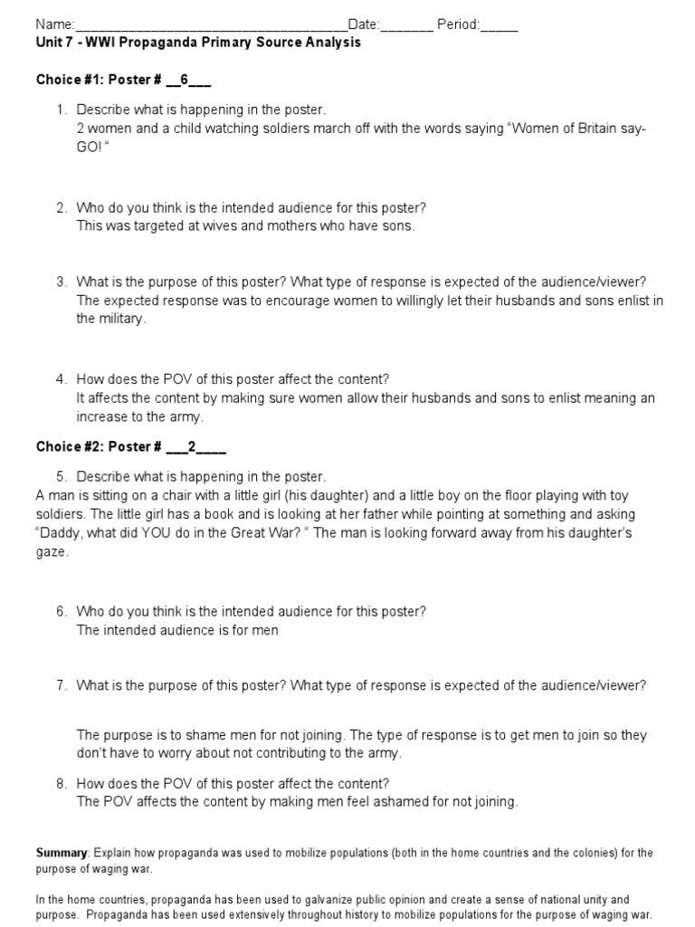 Unit 7 - WWI Propaganda Analysis DONE | PDF | Propaganda | Communication