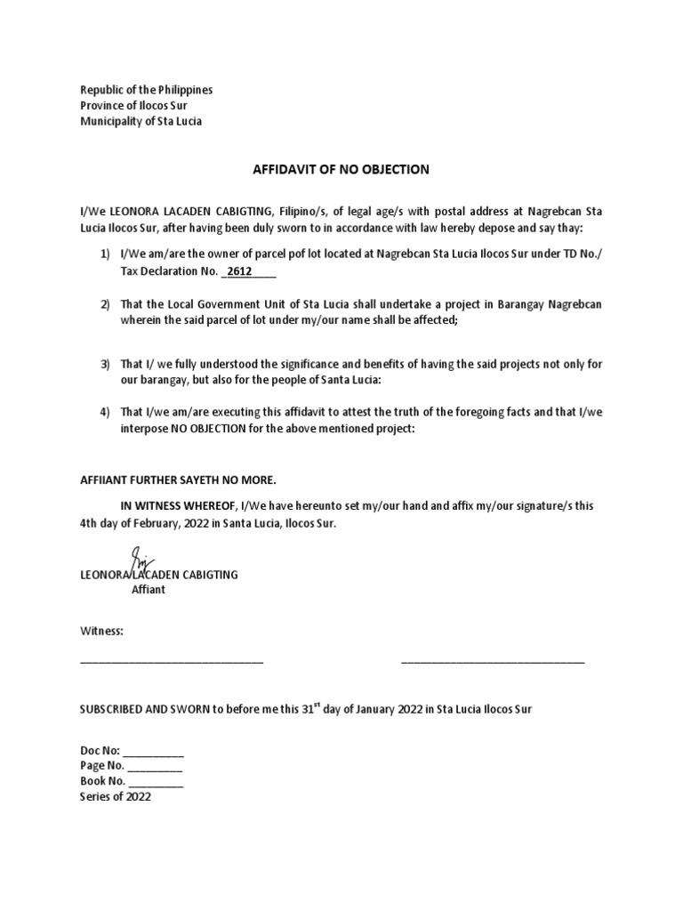 Affidavit of No Objection to a Local Government Project in Barangay ...