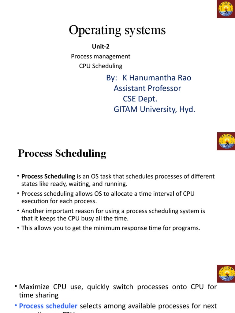Operating Systems: By: K Hanumantha Rao Assistant Professor CSE Dept. GITAM University, Hyd ...