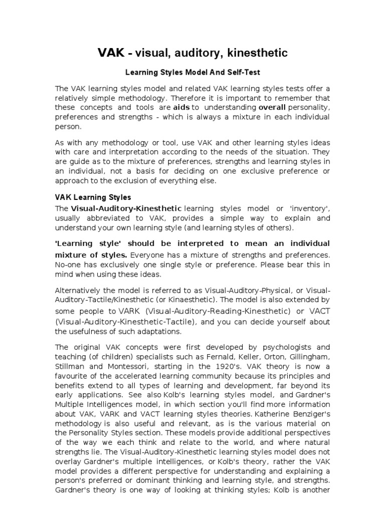 VAK | PDF | Learning Styles | Epistemology