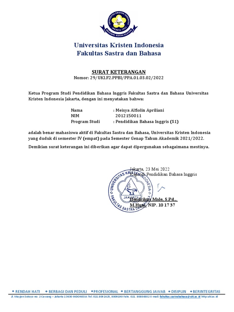 Surat Keterangan Mahasiswa Aktif Program Studi Pendidikan Bahasa Inggris Fakultas Sastra dan ...