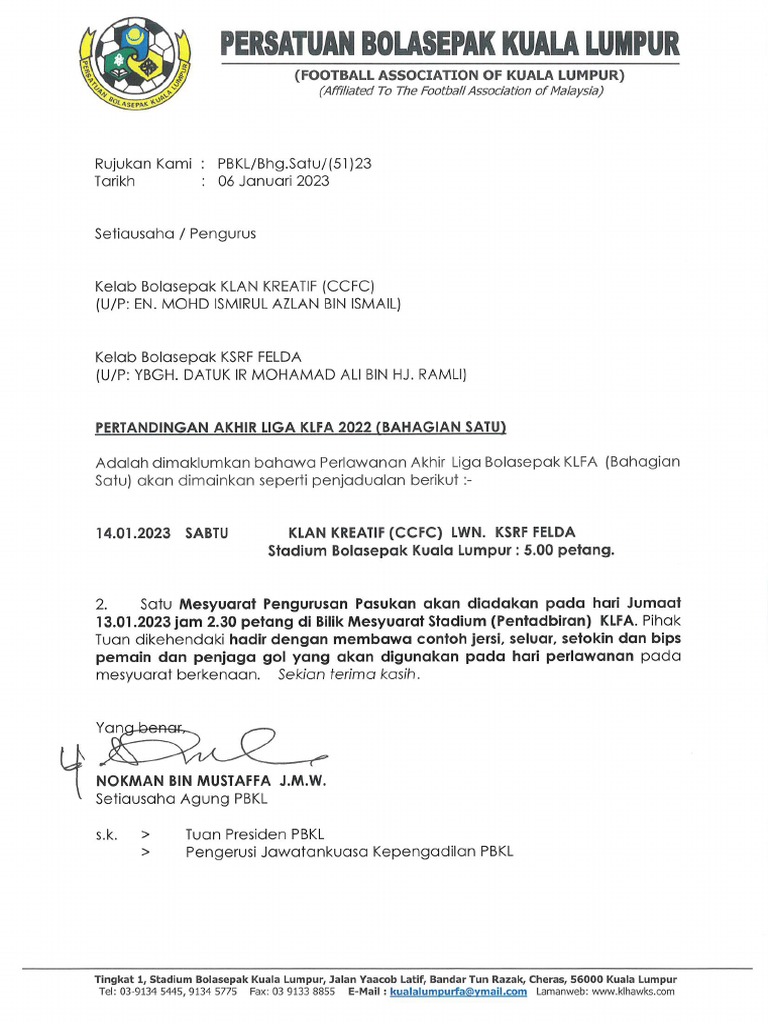Jadual Pertandingan Akhir Liga Pbkl-Div 1 | PDF