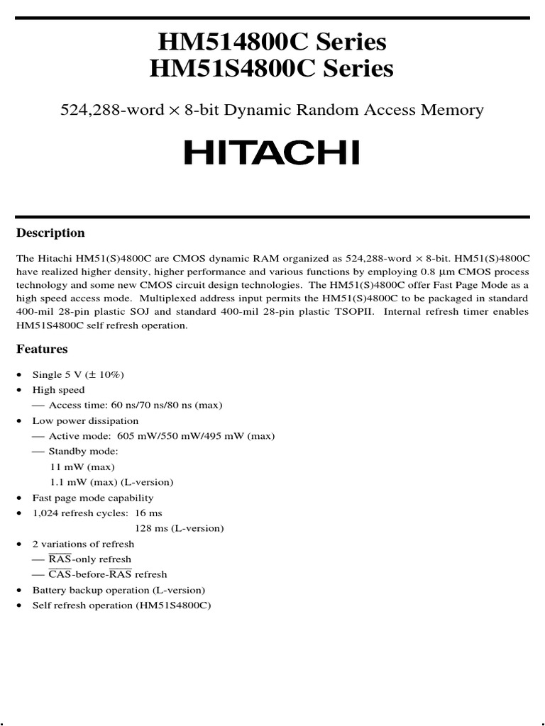 Datasheet HM514800CJ8 | PDF | Dynamic Random Access Memory | Cmos