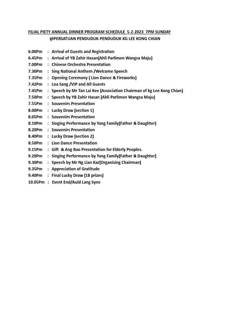 Filial Piety Annual Dinner Program Schedule 2023 | PDF