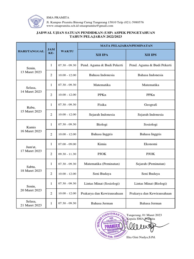 Jadwal Usp 2022-2023 | PDF