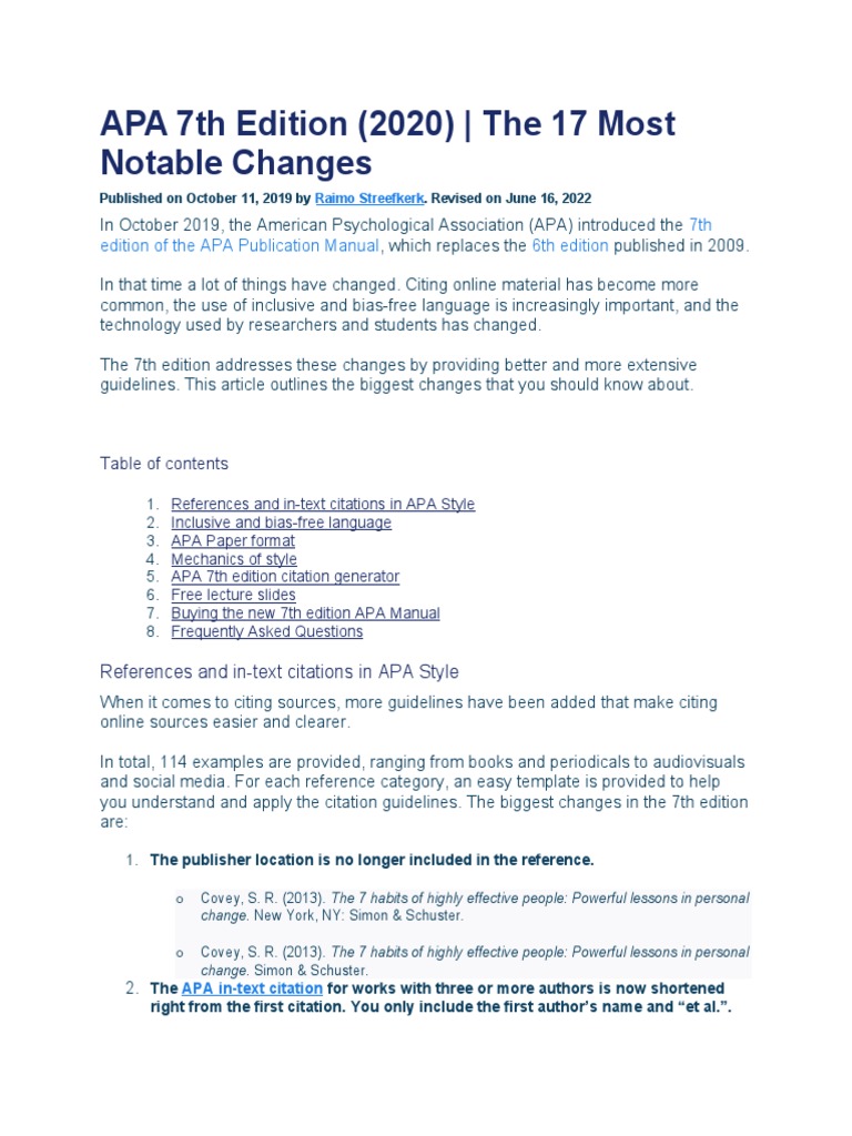 APA 7th Edition (2020) The 17 Most Notable Changes | PDF | Apa Style ...