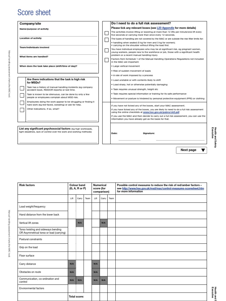 Macscore Sheet | PDF | Workplace | Occupational Safety And Health