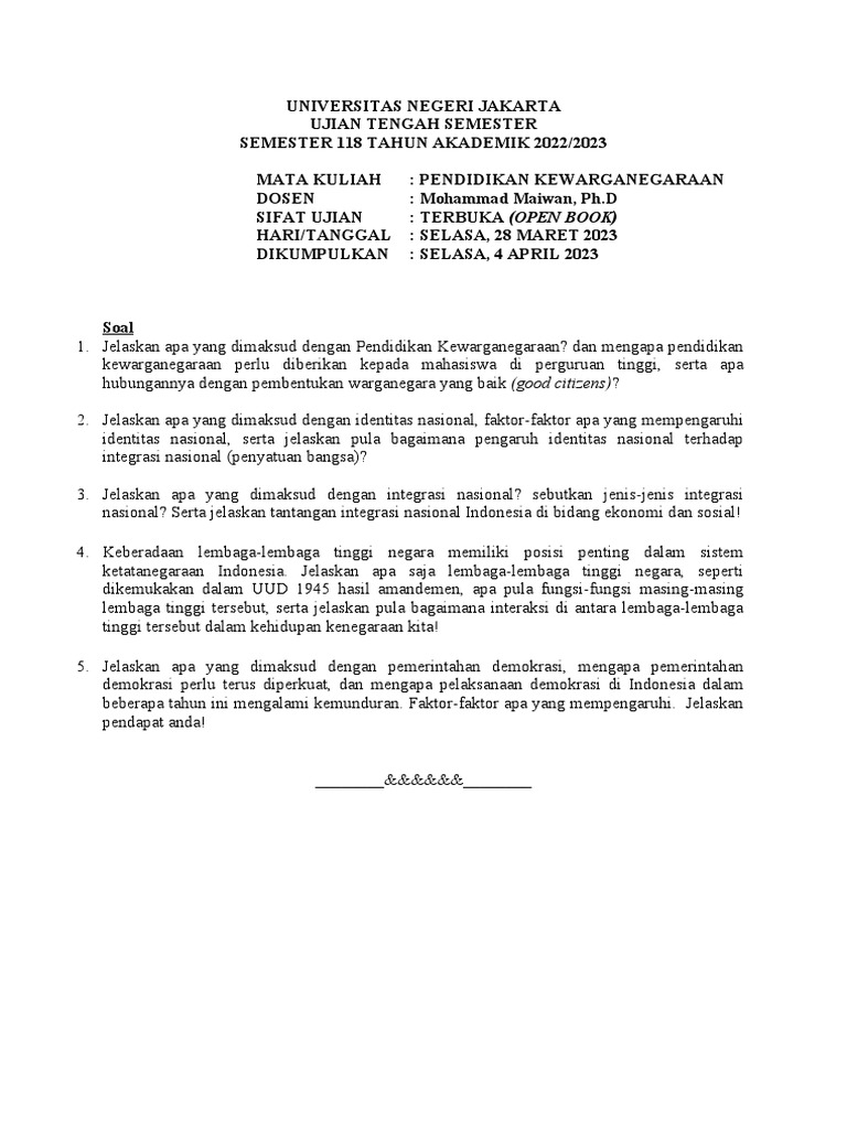 Soal Uts KWN Semester 118 Tahun 2023 | PDF